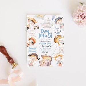 5th Birthday Pirate Invitation, Dive Into Five Editable Ship Treasure ...