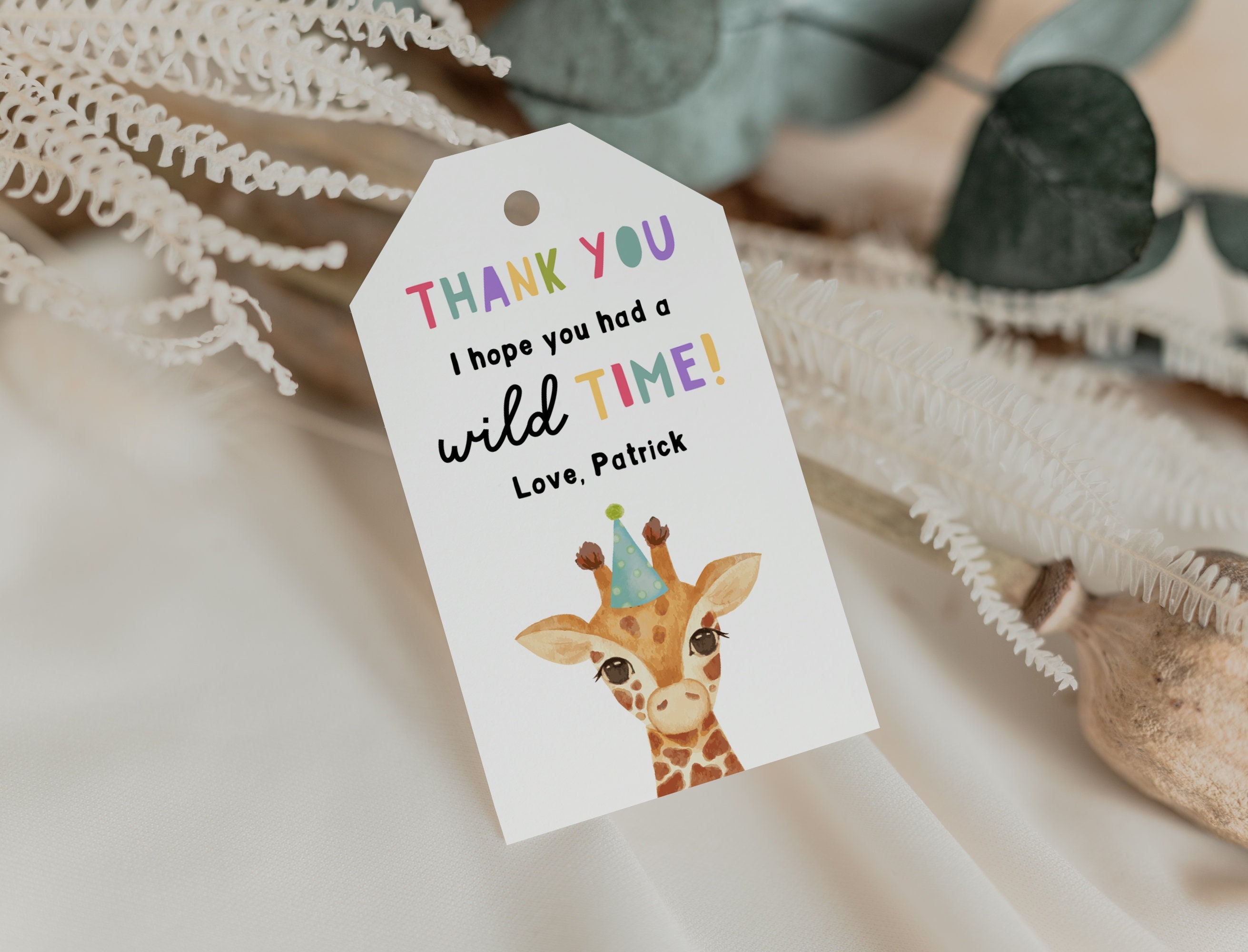 Editable Party Animals Favor Tags, Safari Zoo Wild One Giraffe Thank ...