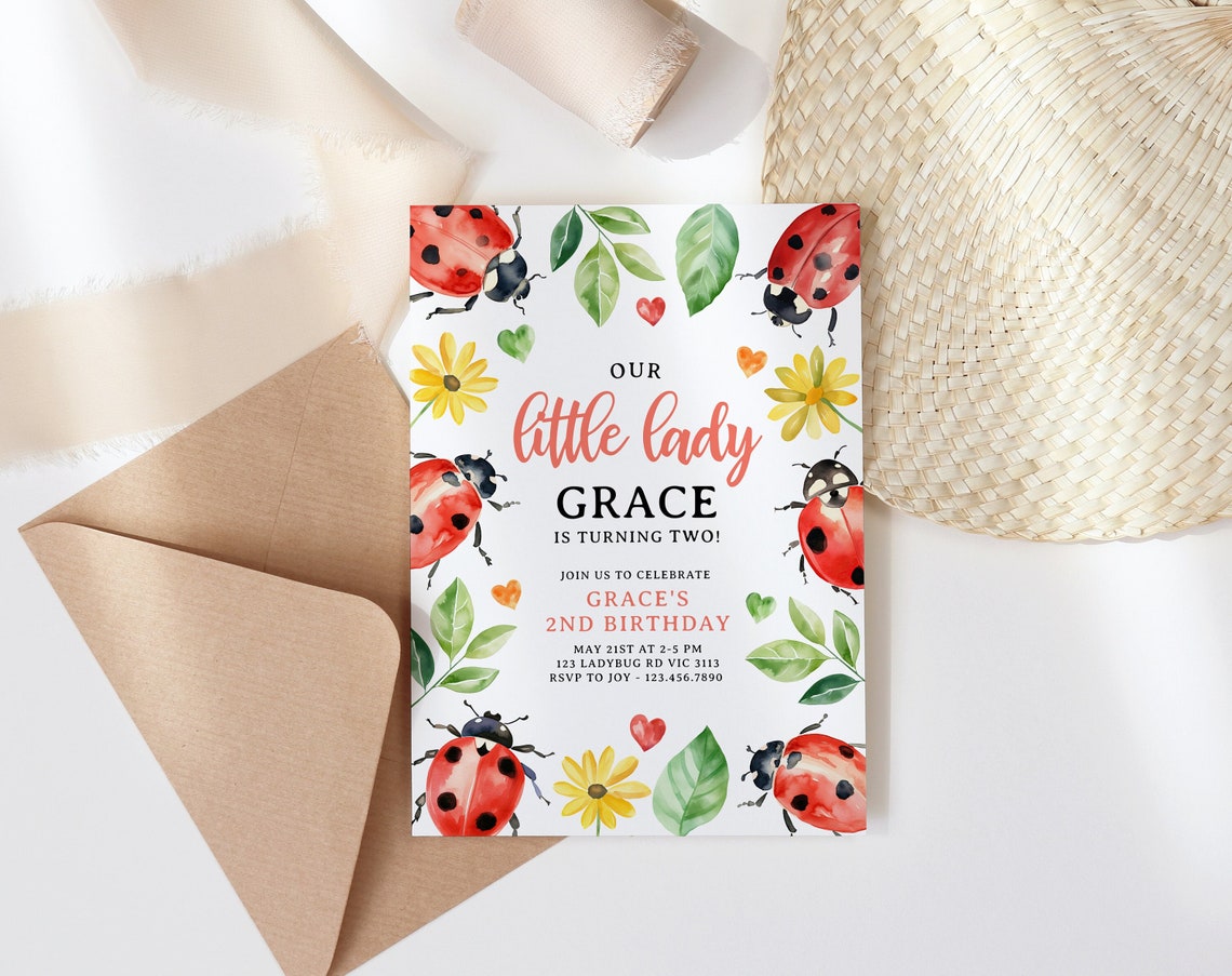 Ladybug Birthday Invitation for Girls, Editable Ladybird Greenery ...