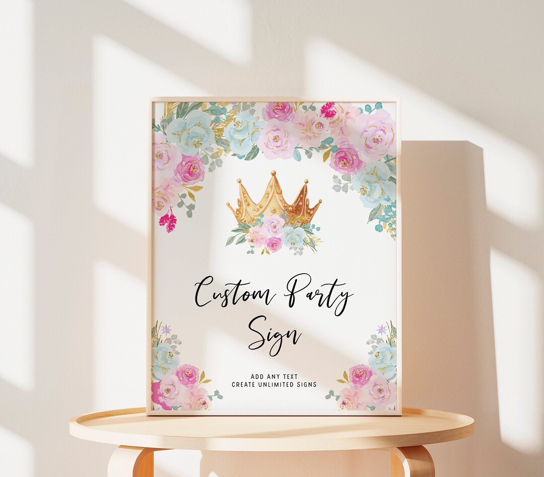 Editable Princess Party Sign Template, Pink Floral Gold Crown Baby ...
