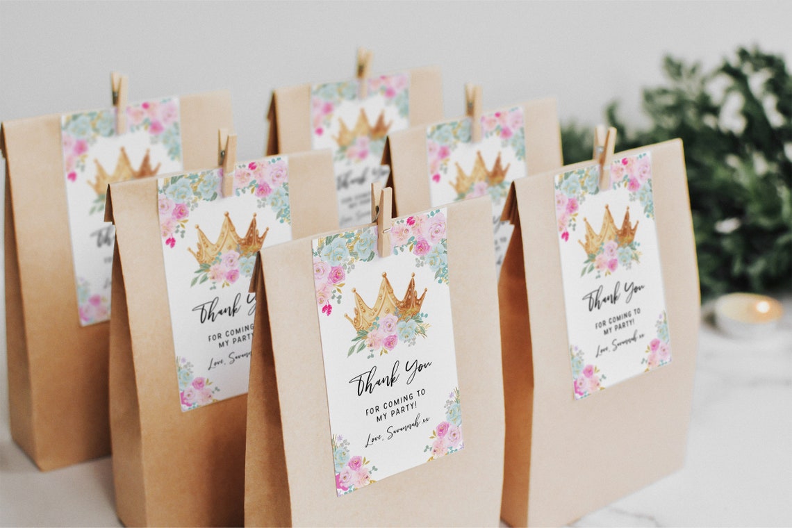 Princess Birthday Tag Template, Princess Party Thank You Tag, Floral ...
