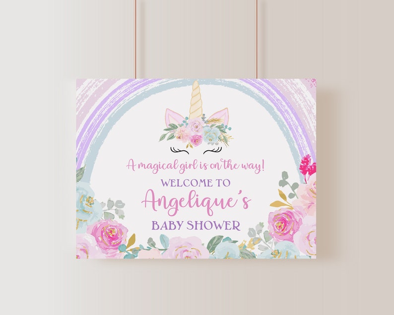 Baby Shower Welcome Sign, Rainbow Unicorn Floral Pink & Purple Editable ...