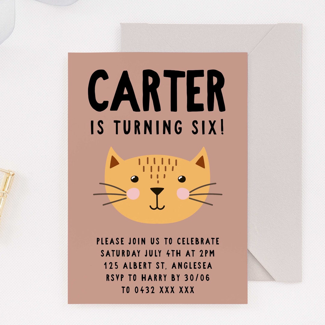Editable Birthday Invitation, Printable Cat Party Invite Kids Animal ...