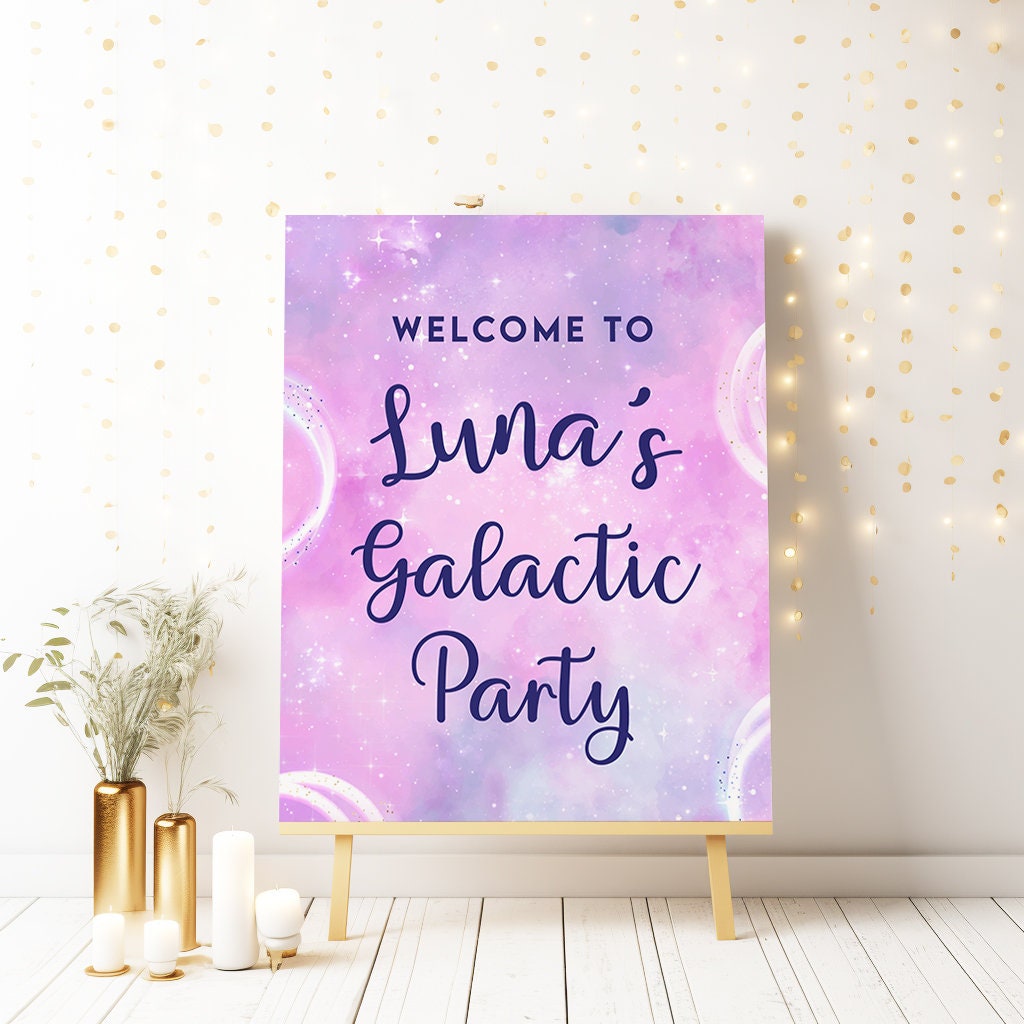 Editable Welcome Sign, Galaxy Galactic Pink Purple Neon Stars Girls ...