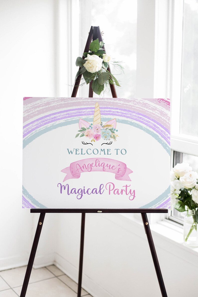 Rainbow Unicorn Birthday Welcome Sign, Floral Pink & Purple Editable ...