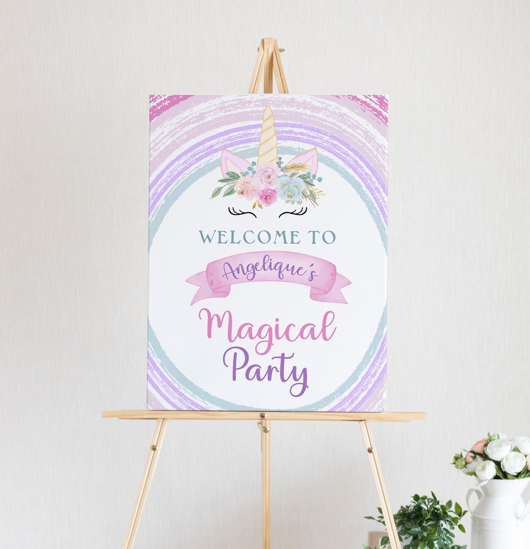 Unicorn Welcome Sign, Editable Template Rainbow Pink & Purple Birthday ...
