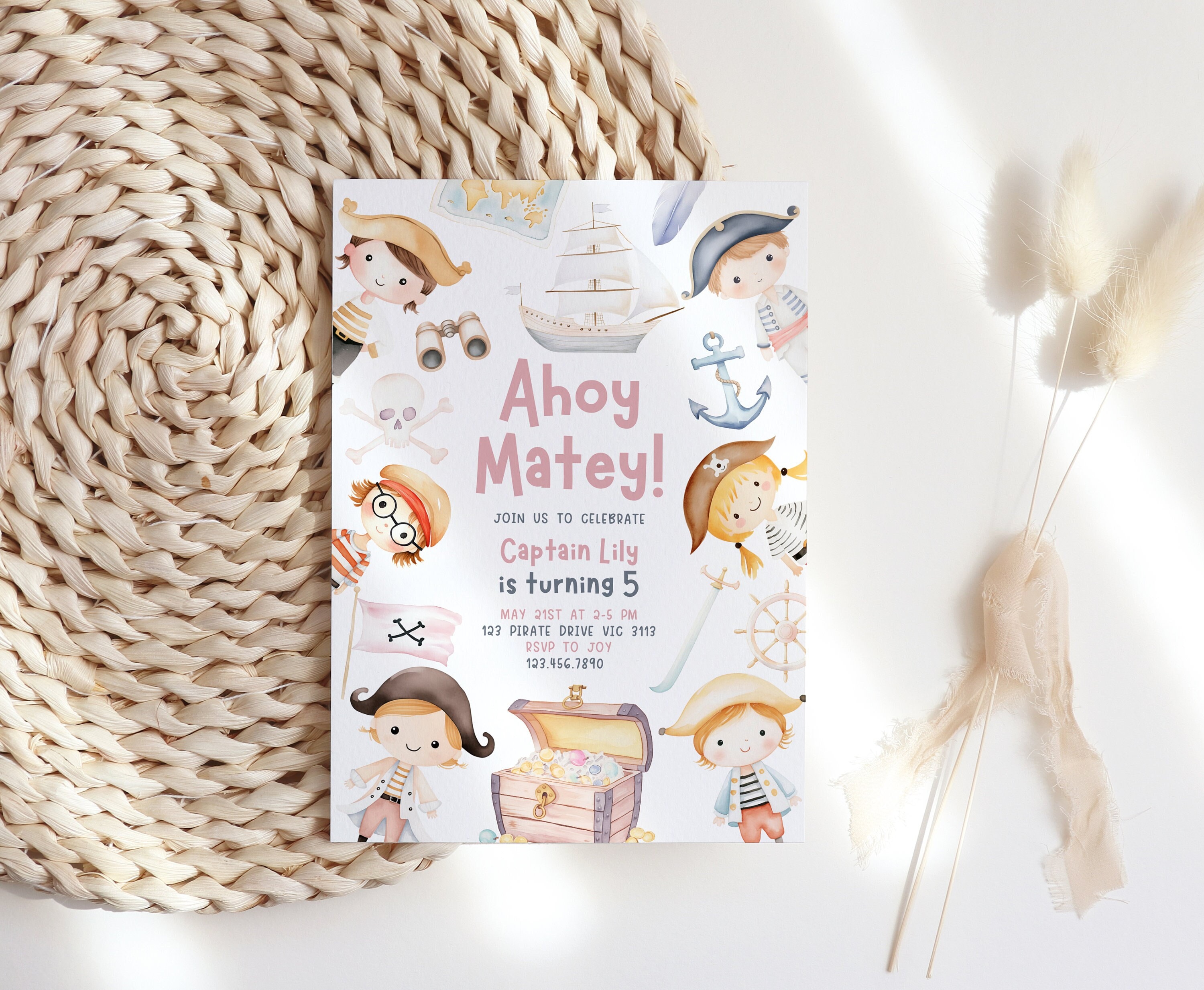 Pirate Birthday Invitation, Ahoy Matey Girls Ocean Sea Adventure Party ...