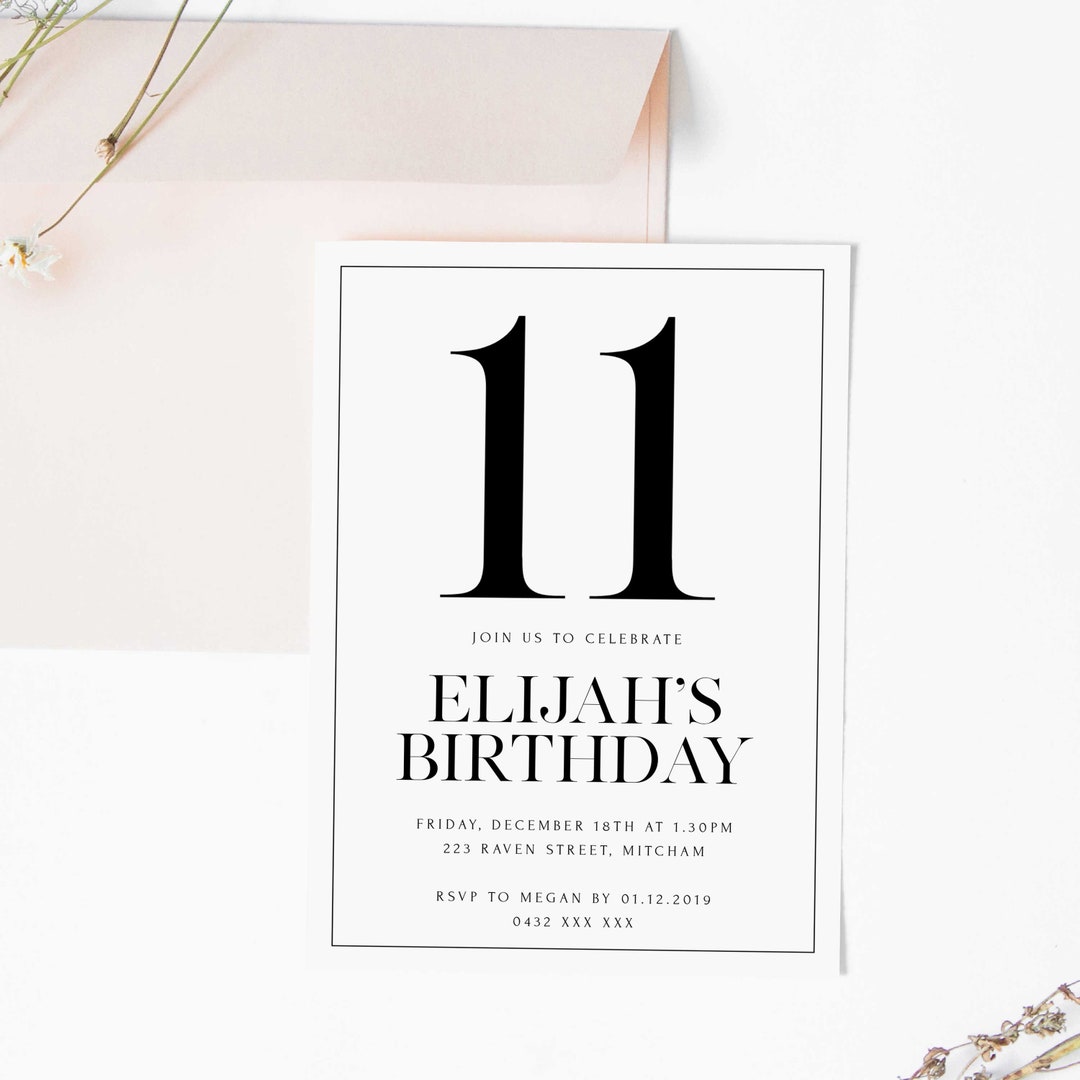 Editable Simple 11th Birthday Party Invitation Download Printable ...