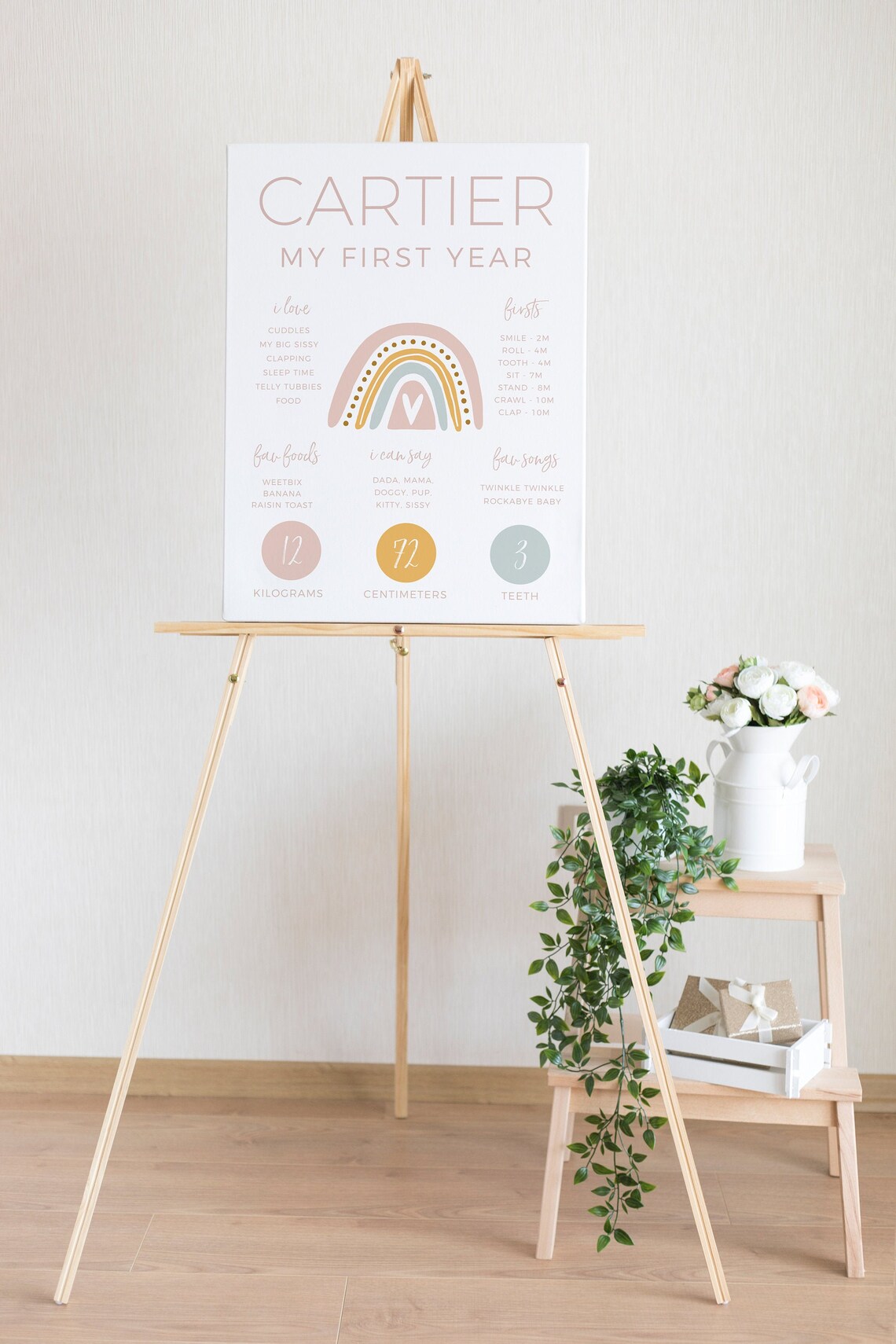 Editable Pastel Rainbow Milestone Poster for Girls, 1st Birthday Stats ...
