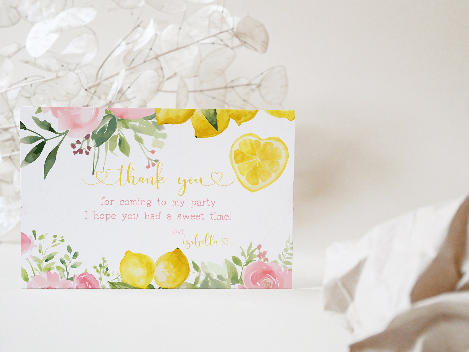 Lemon Thank You Card, Pink Floral 4x6 Editable Printable DIY Instant ...