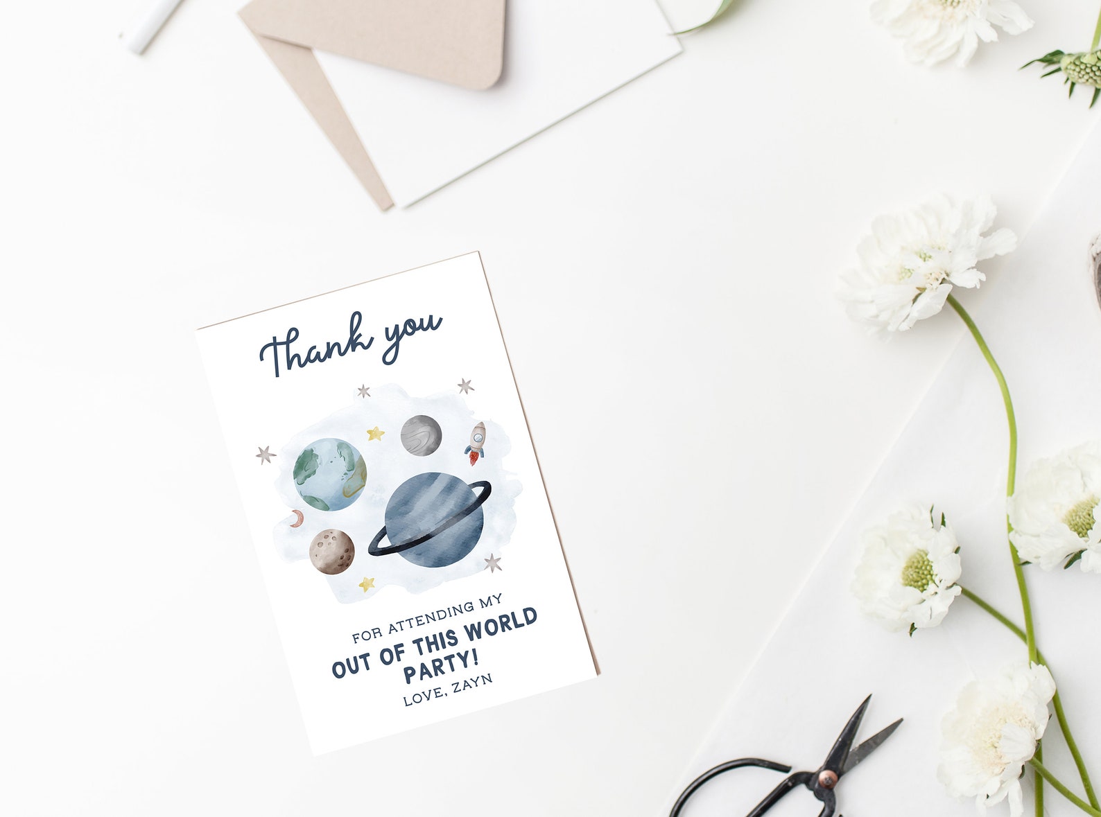 Space Birthday Thank You Card Astronaut Planets Outer Space Party ...