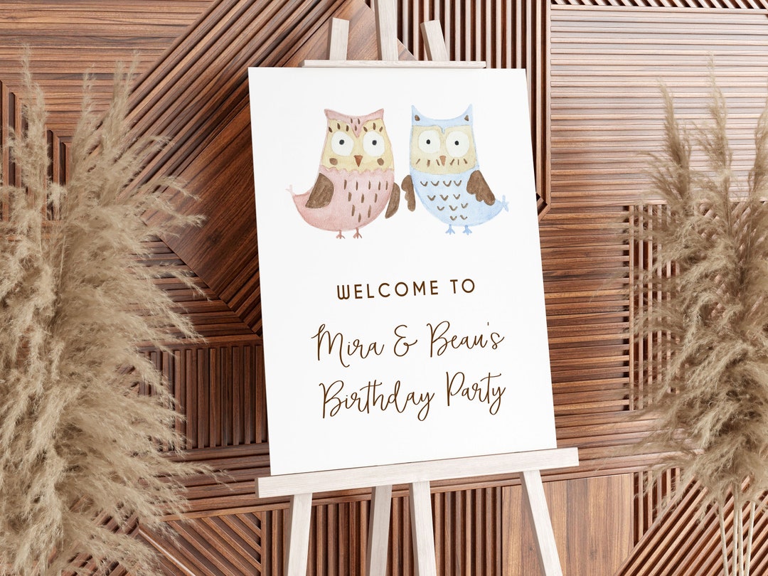 Owl Welcome Sign, Twin Birthday or Baby Shower Editable Printable Pink ...