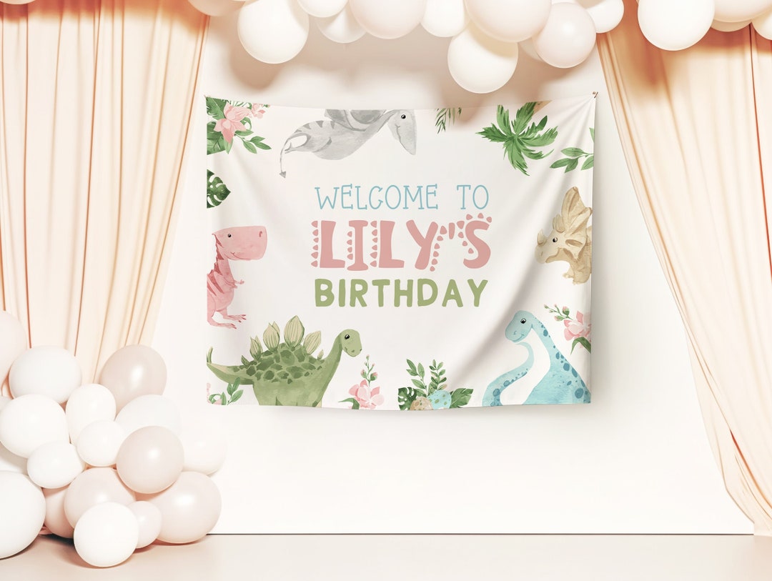 Dinosaur Backdrop Banner, Pastel Pink Floral Jurassic Jungle T-rex Dino ...