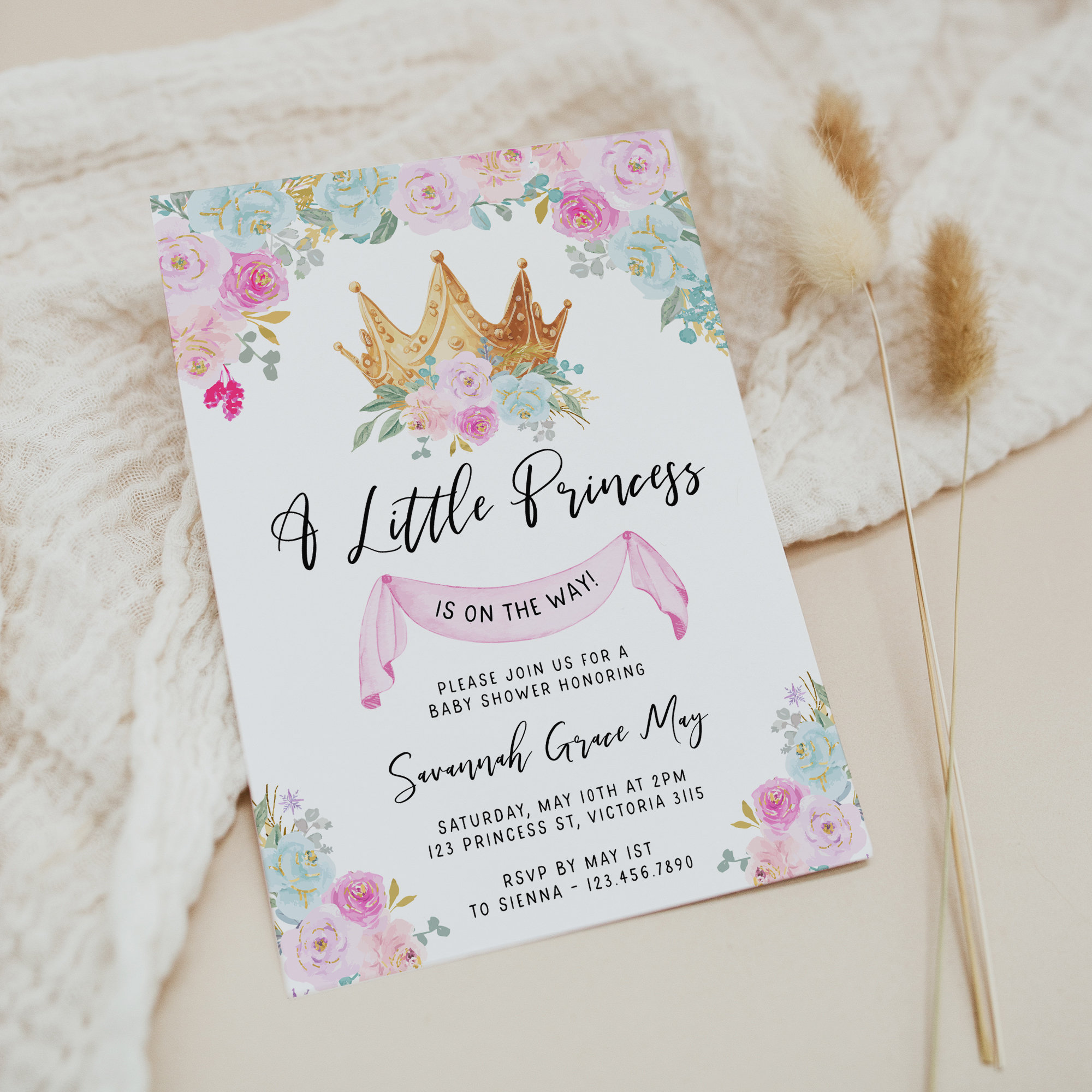 Pink & Gold Crown Princess Baby Shower Invitation Template, Editable ...