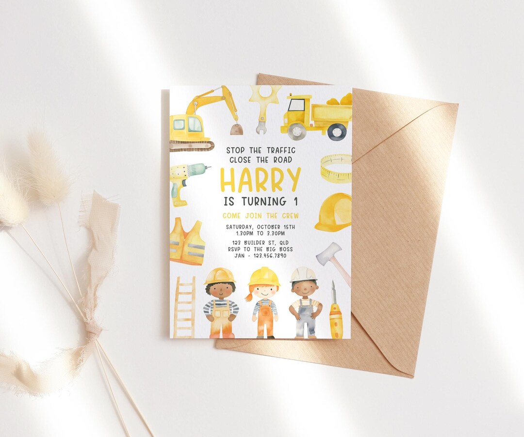 Editable Construction Invitation, Builder Kids Birthday Invitations ...