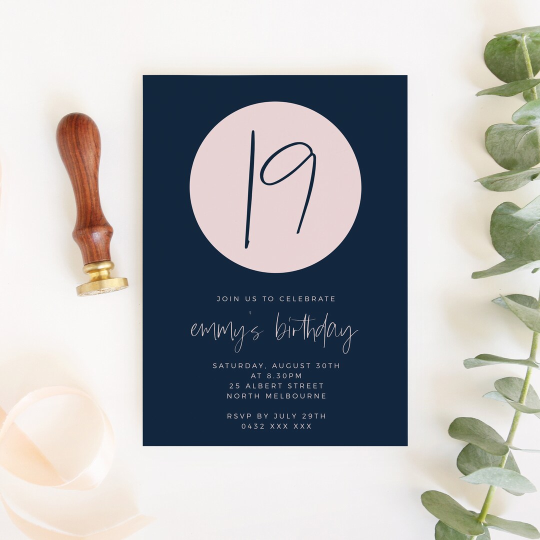Editable Navy Blue 19th Birthday Party Invitation Download Printable ...