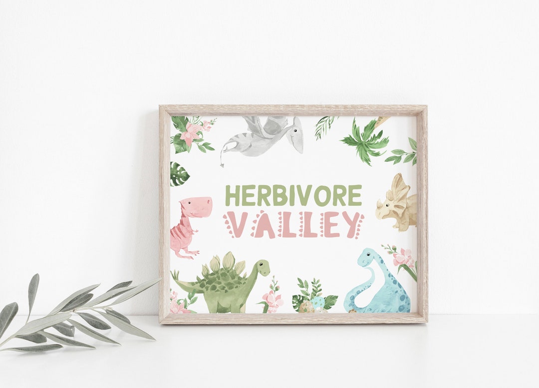 Dinosaur Birthday Table Sign, Herbivore Valley Food Sign Pink Floral ...