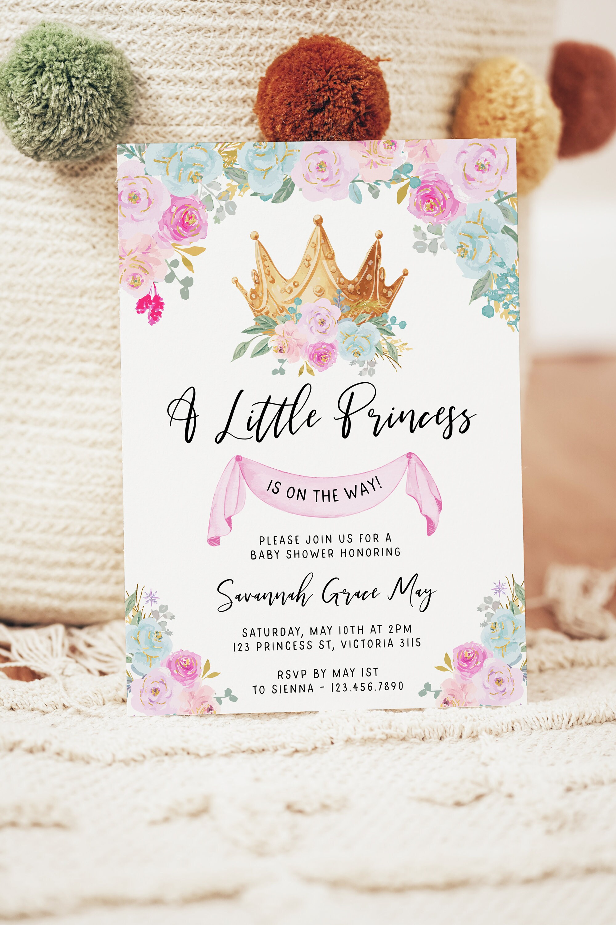 Pink & Gold Crown Princess Baby Shower Invitation Template, Editable ...