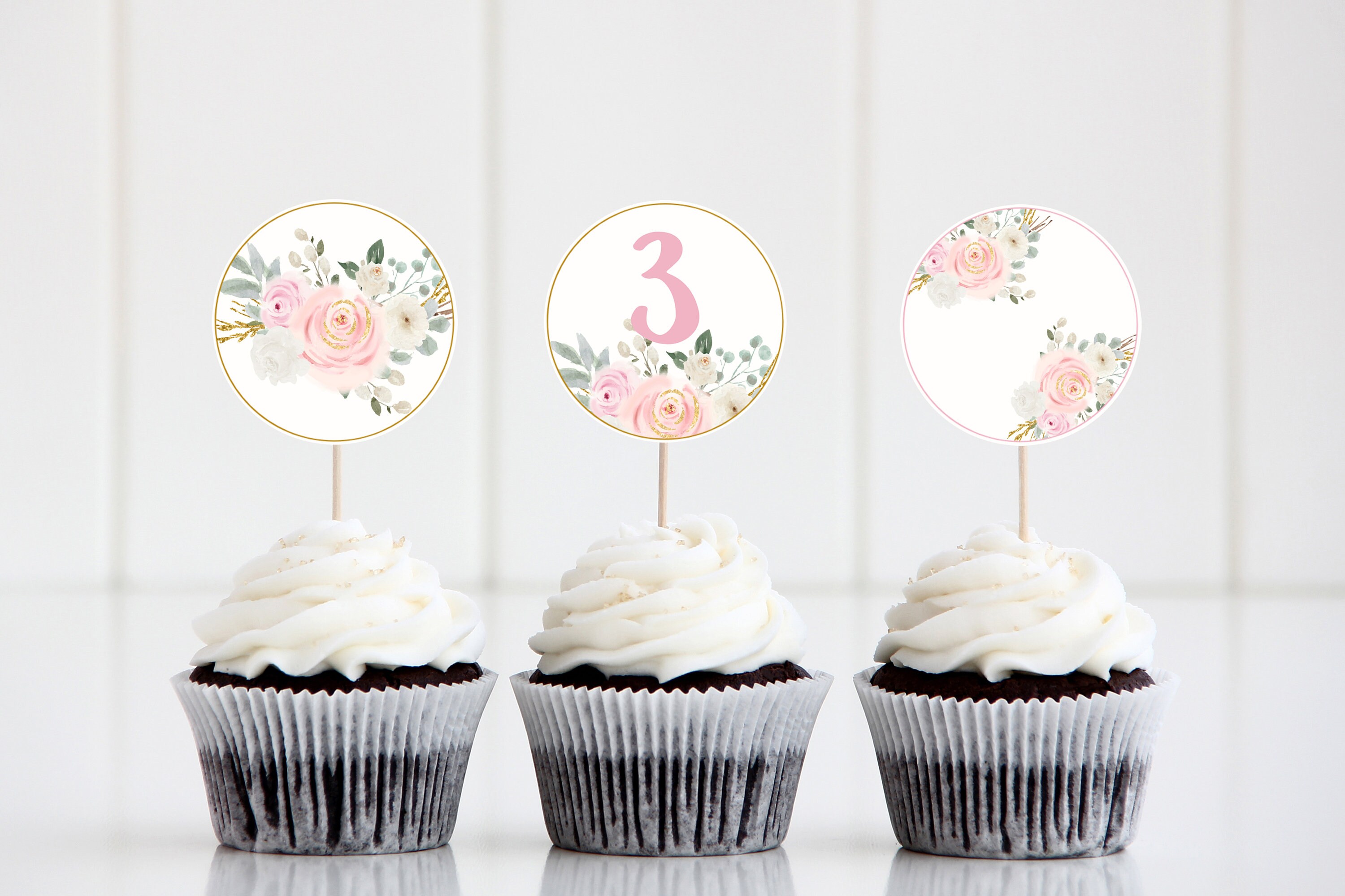 Editable Cupcake Topper Template, Blush Pink Gold Floral Baby Shower or ...