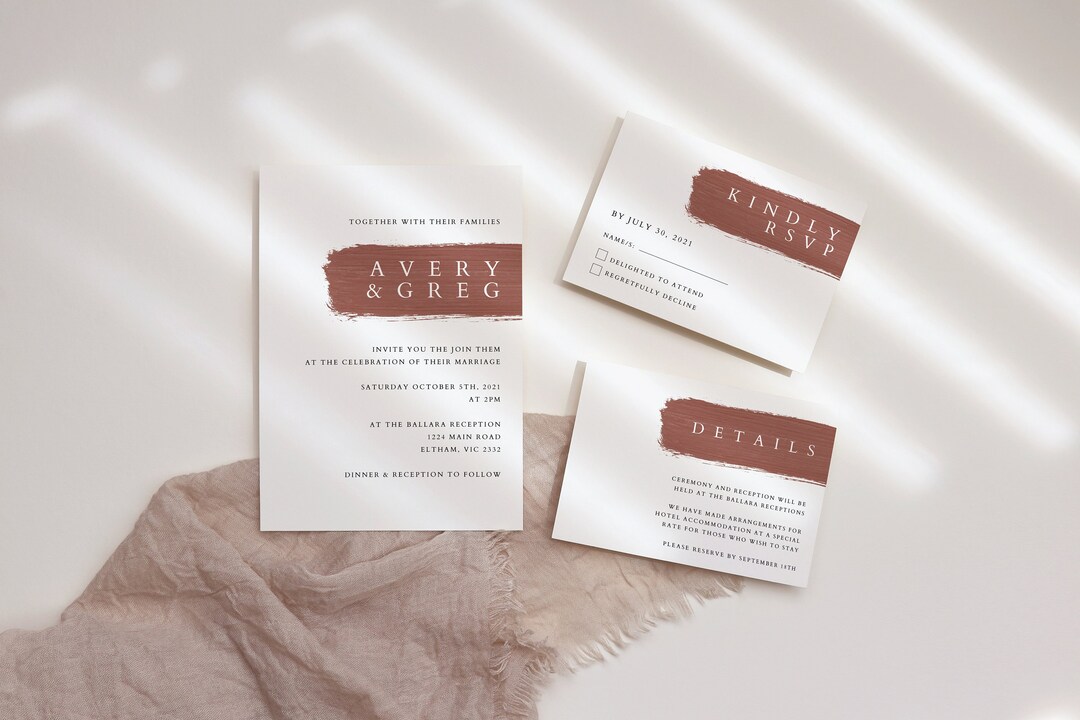 Terracotta Wedding Invitation Template Set Minimalist Watercolor Burnt ...