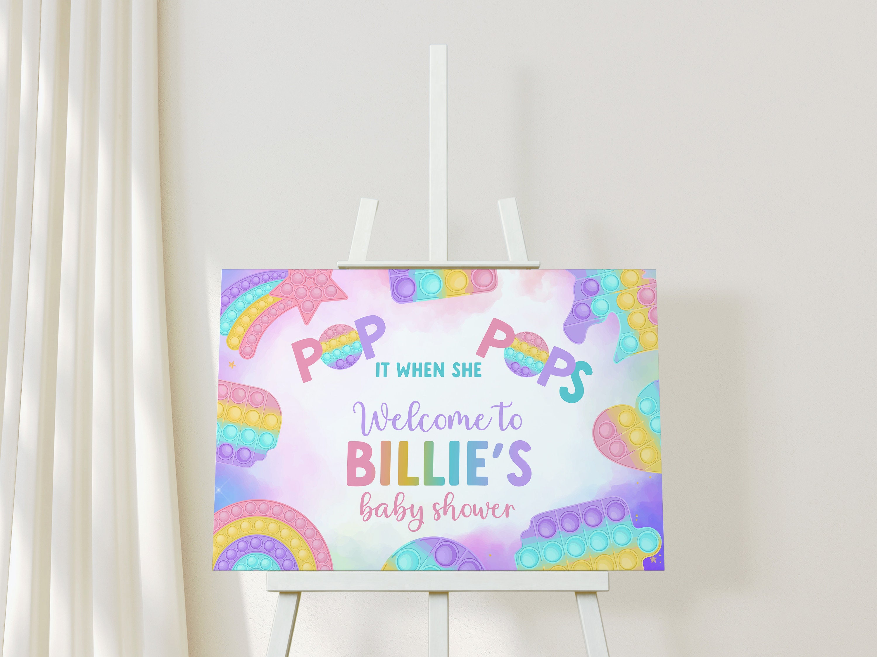 Pop It Welcome Sign, Fidget Toy Pastel Baby Shower Poster Editable ...