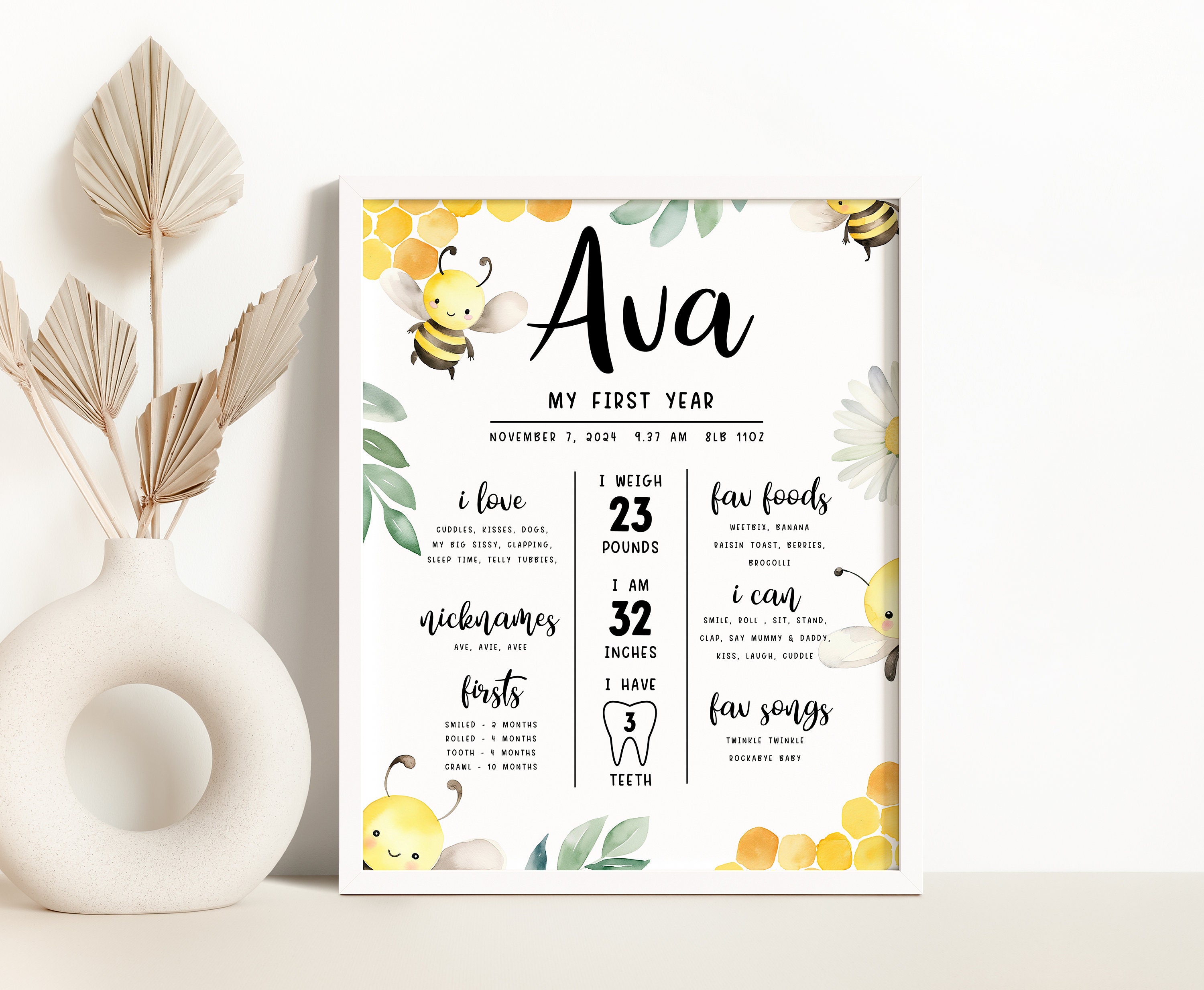 Bee Milestone Poster, Editable Template Printable Instant Download 1st ...