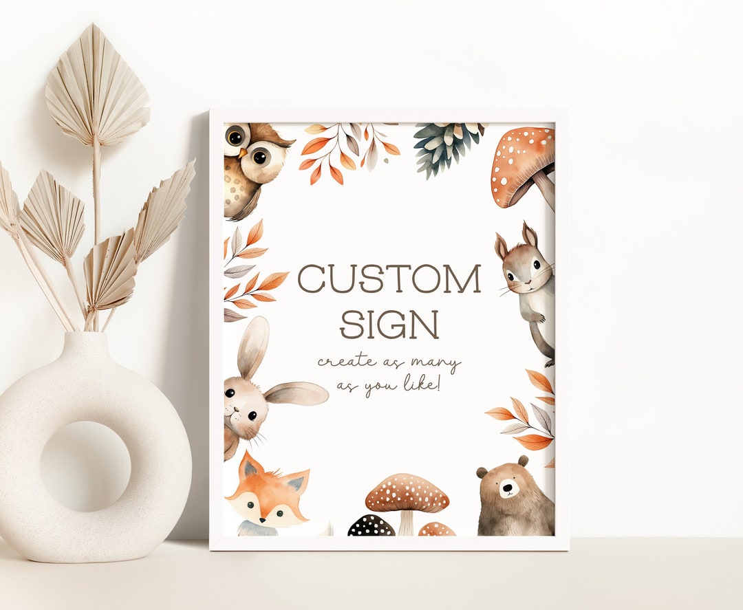 Woodland Party Table Sign, Custom Text Forest Animals 8x10 Editable ...