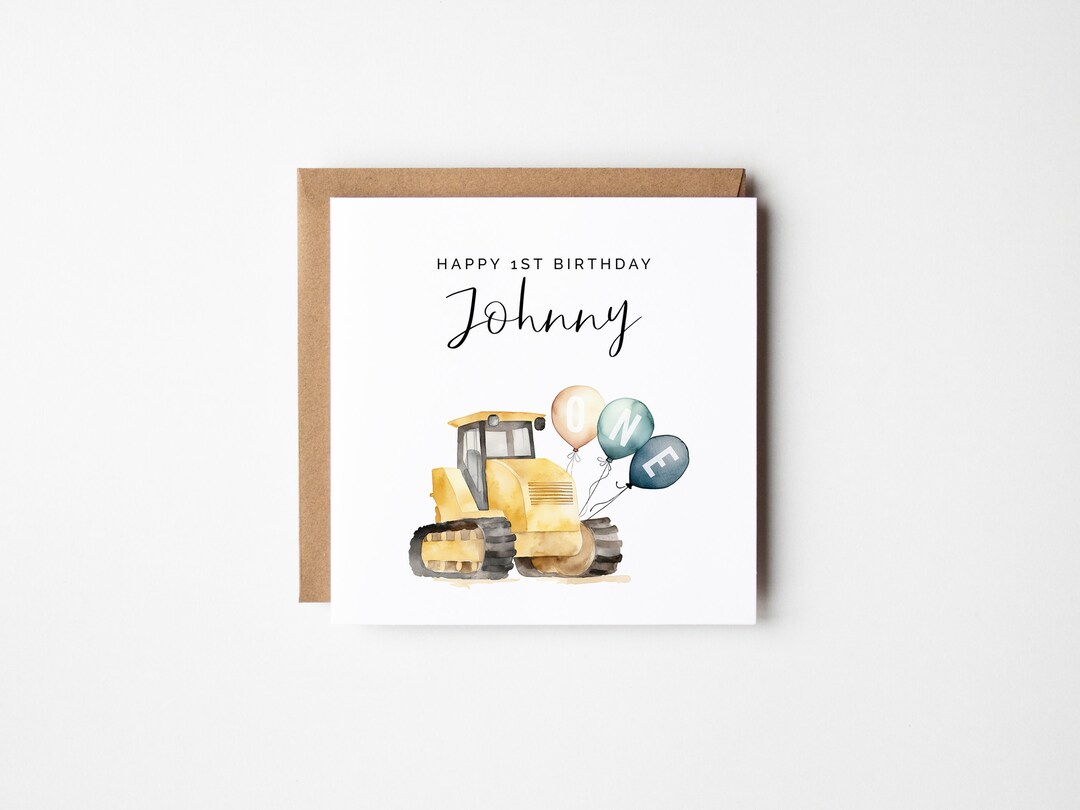 1st Birthday Card for Boys, Personalised Construction Bulldozer Vehicle ...