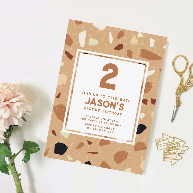 Editable Terrazzo 2nd Birthday Party Invitation Download Printable ...