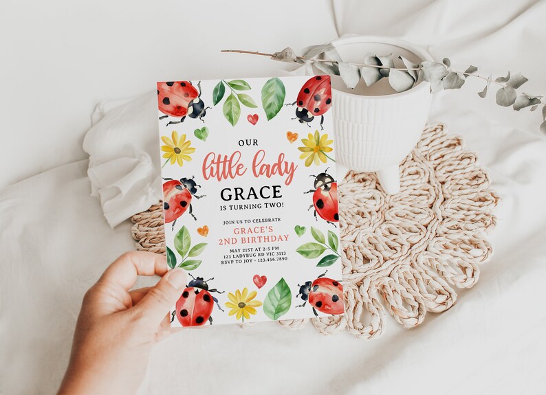 Ladybug Birthday Invitation for Girls, Editable Ladybird Greenery ...