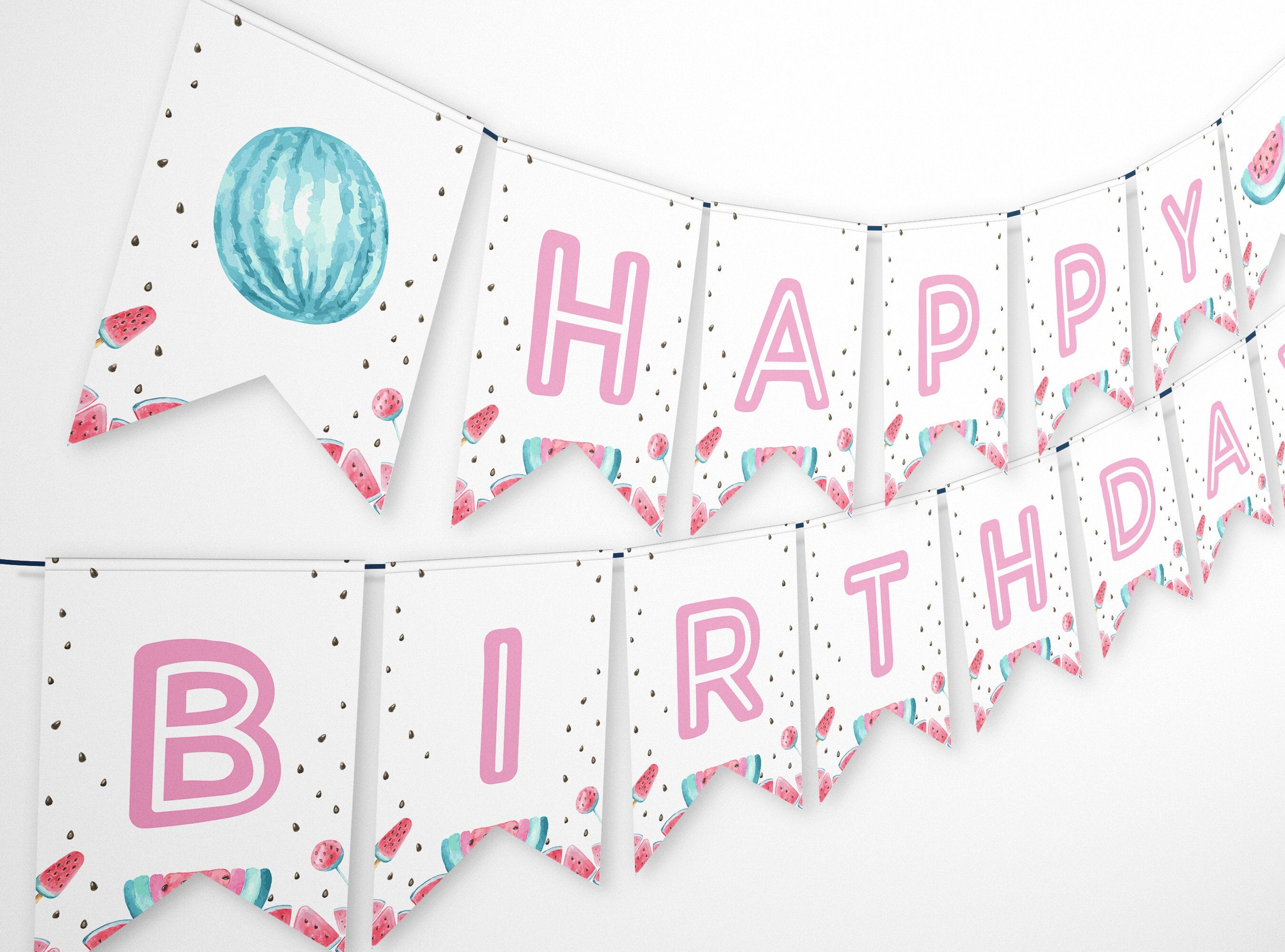 Watermelon Banner, Editable Printable Happy Birthday Pink Melon Bunting ...
