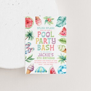 Pool Party Birthday Invitation, Summer Tropical Palm Ice Cream Fruit ...