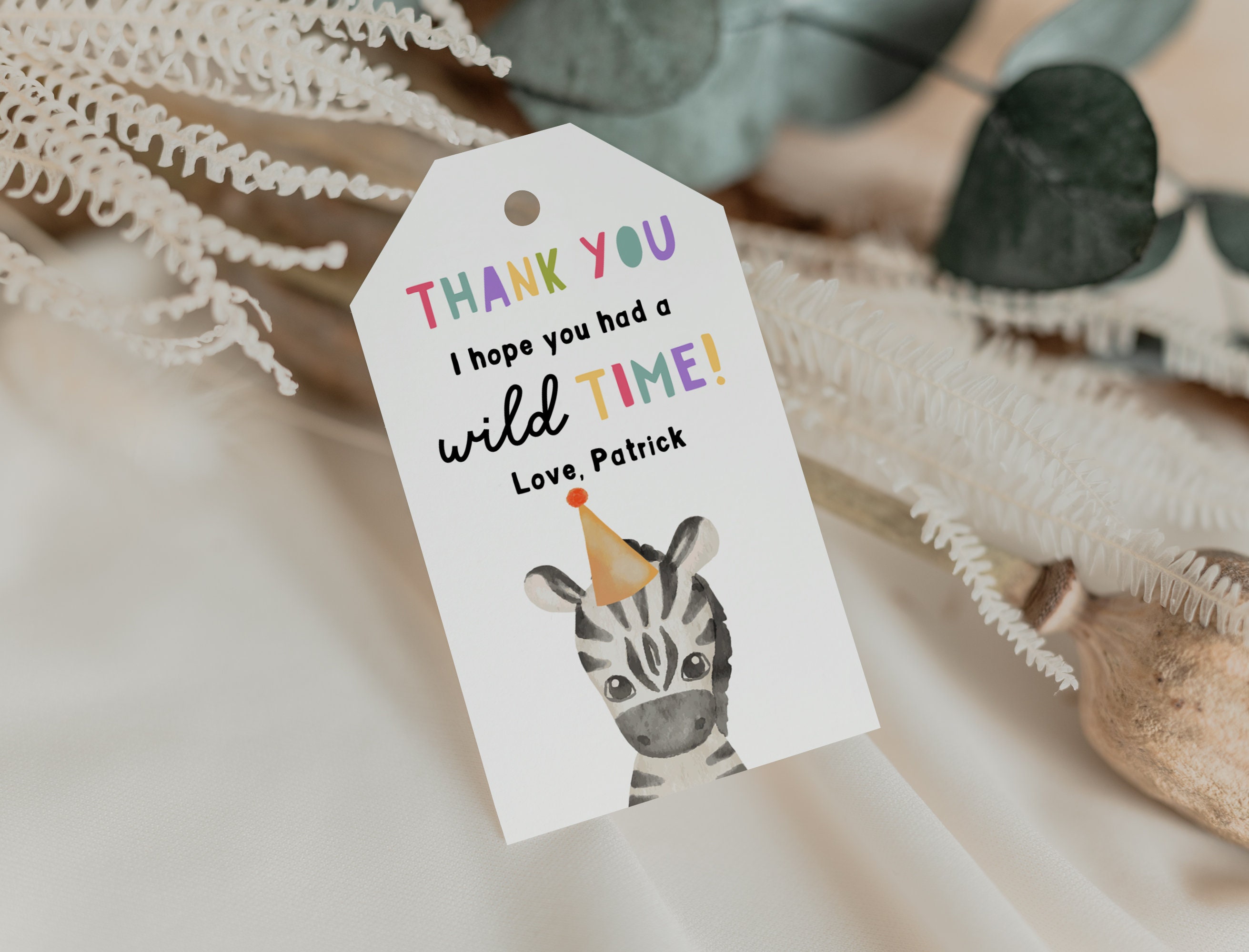 Editable Party Animals Favor Tags, Safari Zoo Wild One Zebra Thank You ...