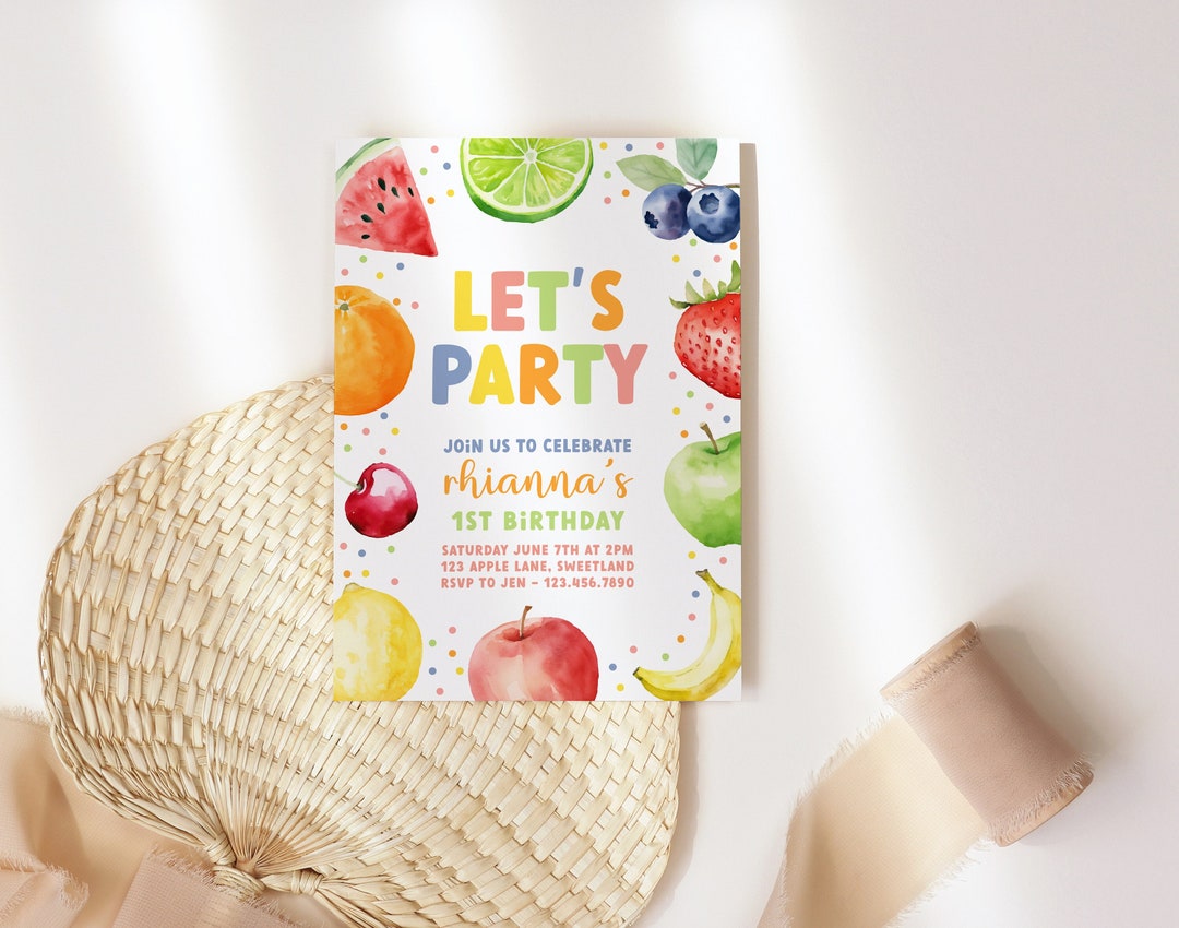 Fruit Birthday Invitation, Watercolor Kids Sweet Watermelon Apple ...