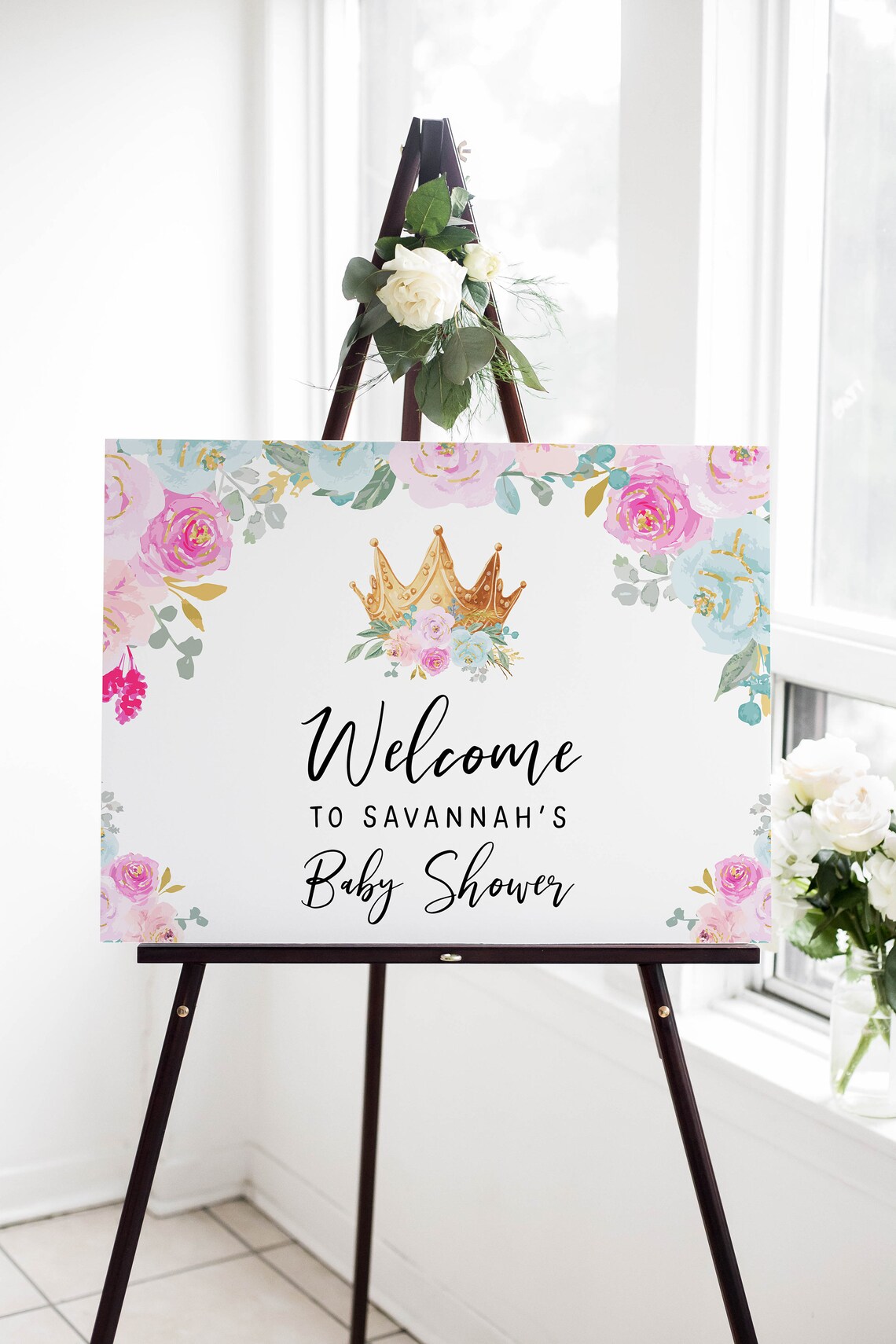 Editable Princess Baby Shower Welcome Sign, Pink Floral Gold Crown ...