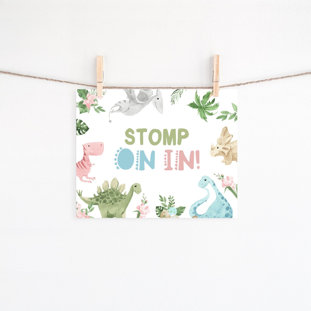 Stomp on in Birthday Table Sign, Dinosaur Girl Party Decor Pink Blue ...