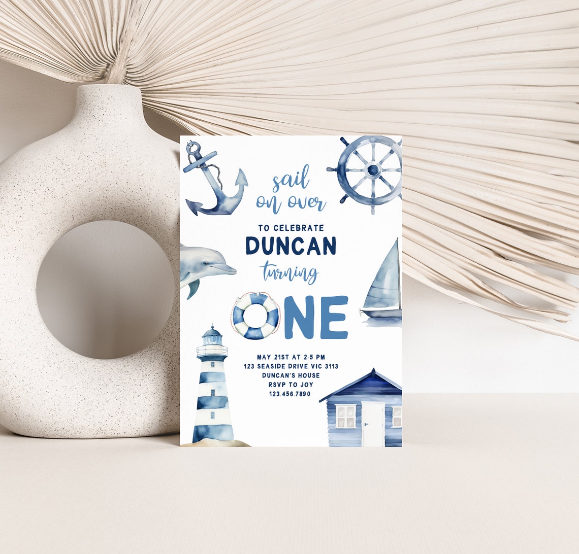 Boys 1st Birthday Sailor Invitation, Nautical Ocean Sea Theme One ...