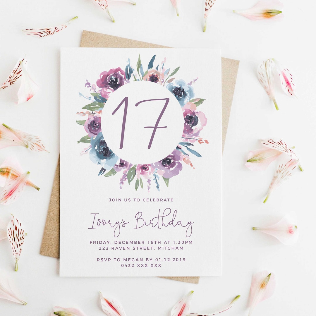 Editable Floral 17th Birthday Party Invitation Download Printable ...