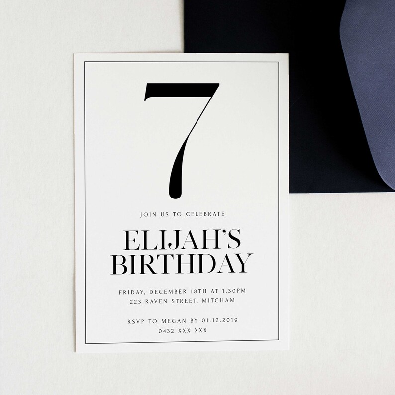 Editable Simple 7th Birthday Party Invitation Download - Etsy