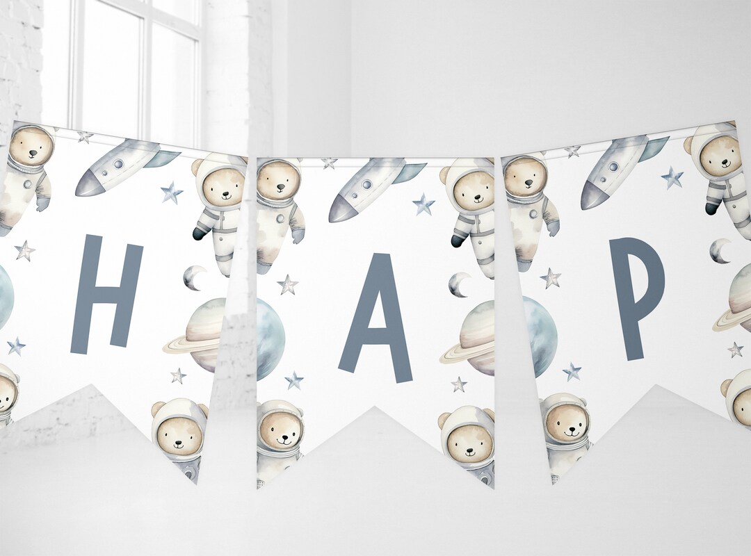 Space Birthday Banner, Editable Template Printable DIY Kids Boys Teddy ...