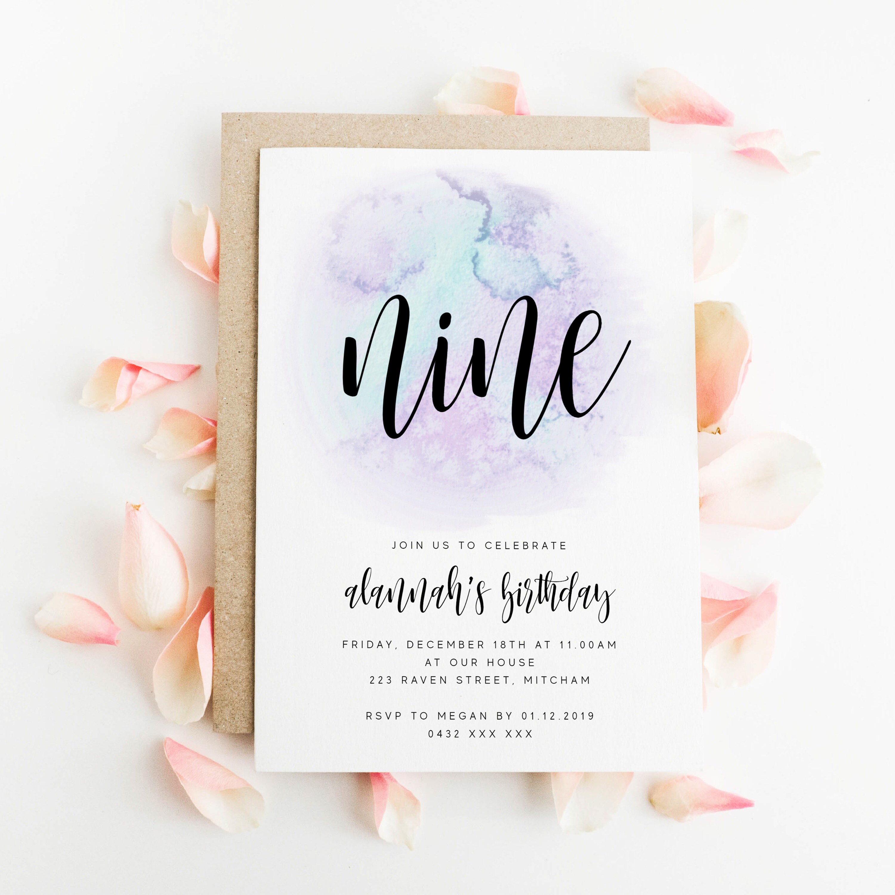 Editable Watercolour 9th Birthday Party Invitation Download Printable ...