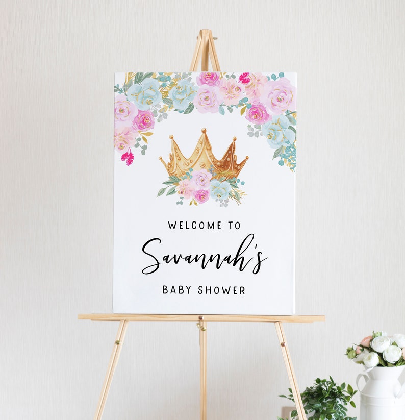 Editable Princess Baby Shower Welcome Sign, Pink Floral Gold Crown ...