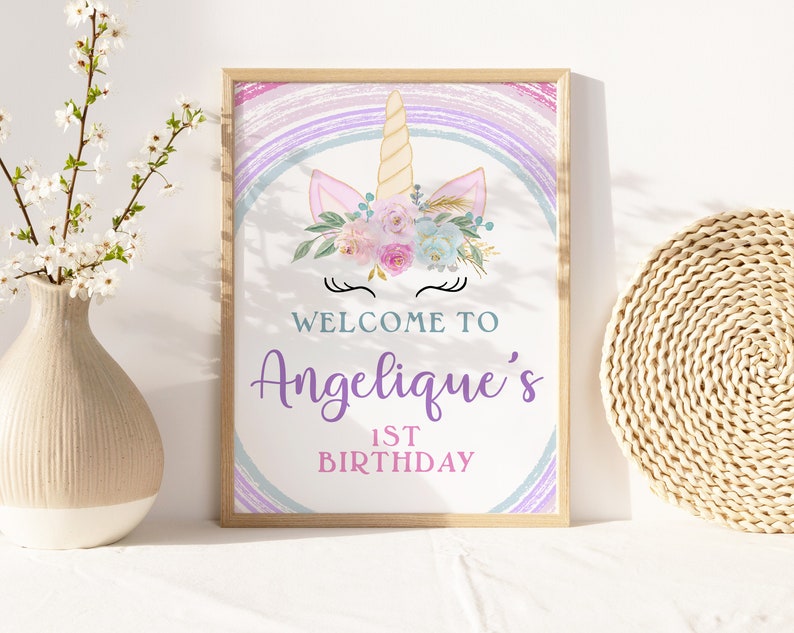 Rainbow Unicorn 1st Birthday Sign, Editable Printable Template Welcome ...