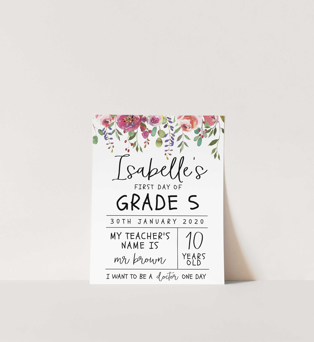 First Day of Grade 5 Editable Template, Modern Floral Printable Instant ...