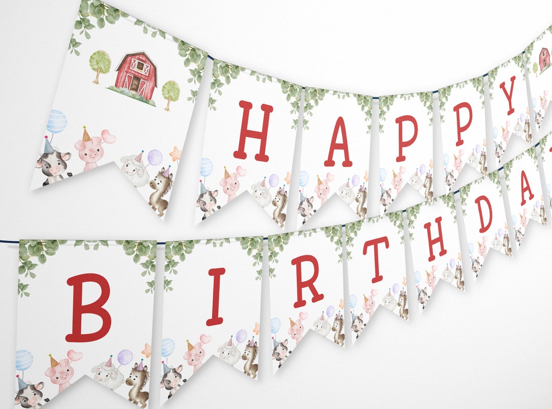 Happy Birthday Banner, Barnyard Ranch Farm Animals Red Boy Barn ...