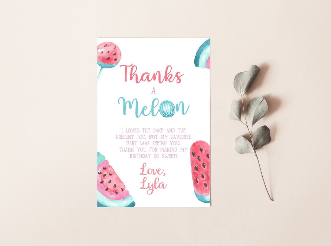 Thank You Card Template, Editable Printable 4x6 Thanks a Melon Kids 1st ...