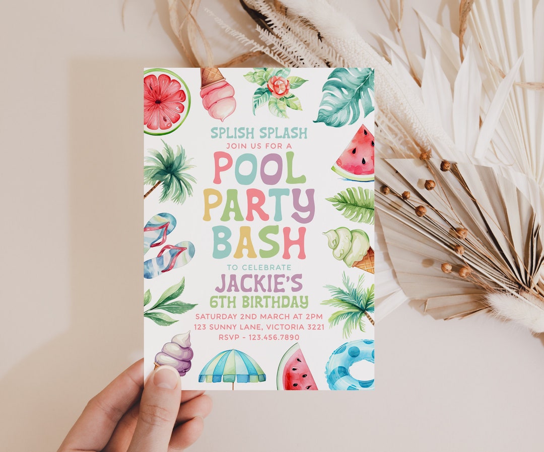 Pool Party Birthday Invitation, Summer Tropical Palm Ice Cream Fruit ...