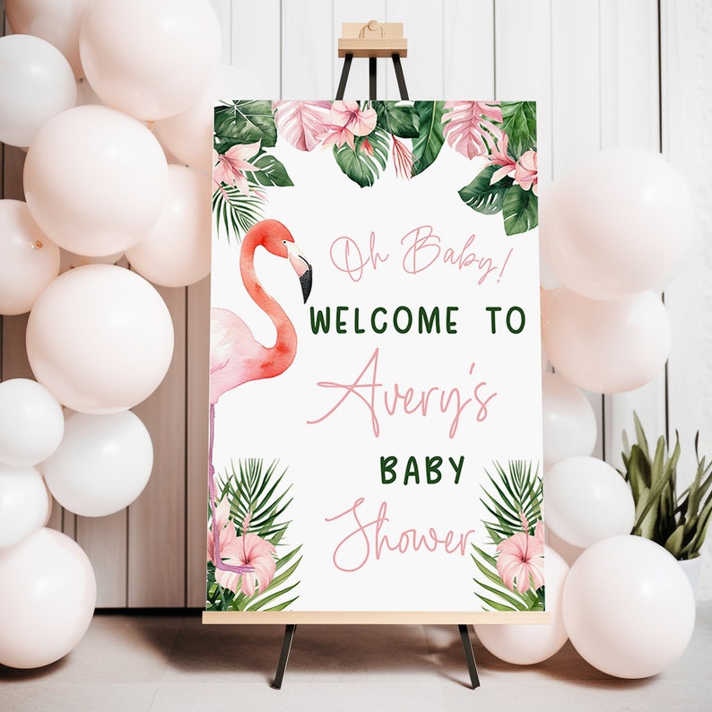 Flamingo Welcome Sign, Instant Download Editable Pink Tropical Baby ...