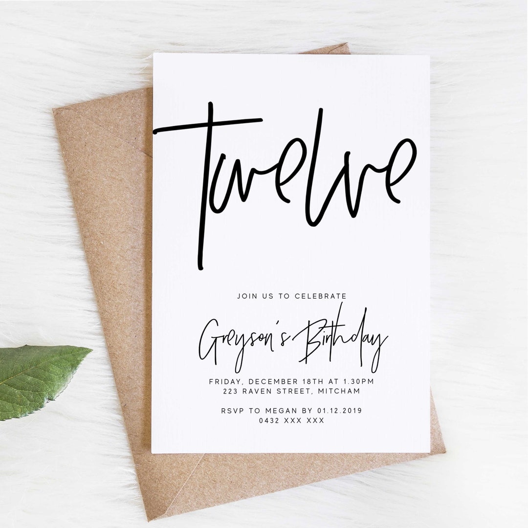 Editable Simple 12th Birthday Party Invitation Download Printable ...
