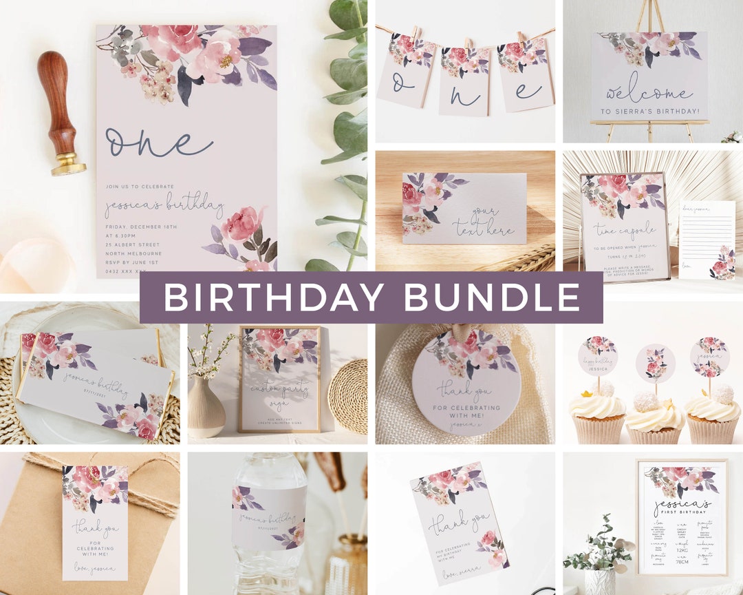 Editable Blush Pink Floral Party Package, Printable Decorations, 1st ...